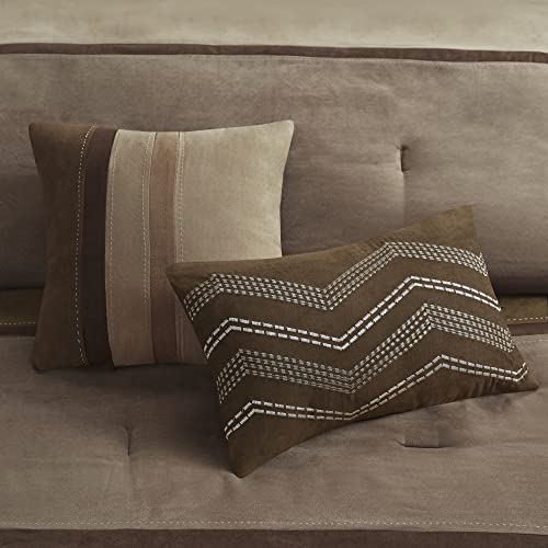 Madison Park Palisades Comforter Set Modern Faux Suede Pieced Stripe Design, All Season Down Alternative Cozy Bedding with Matching Shams, Decorative Pillows, Queen(90"x90"), Brown 7 Piece