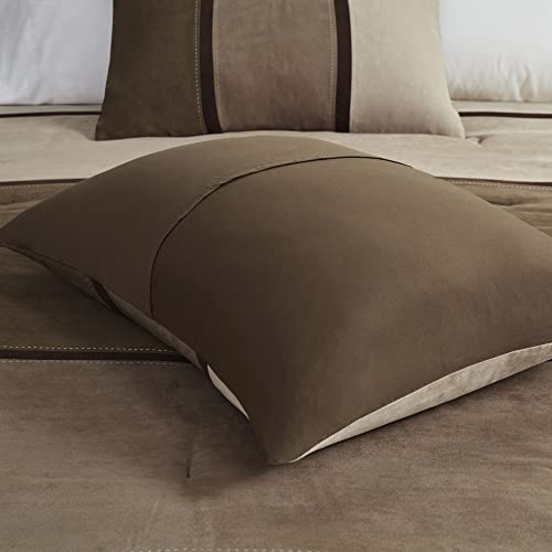 Madison Park Palisades Comforter Set Modern Faux Suede Pieced Stripe Design, All Season Down Alternative Cozy Bedding with Matching Shams, Decorative Pillows, Queen(90"x90"), Brown 7 Piece