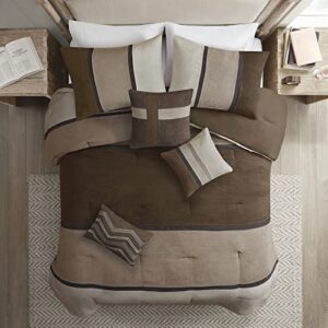 Madison Park Palisades Comforter Set Modern Faux Suede Pieced Stripe Design, All Season Down Alternative Cozy Bedding with Matching Shams, Decorative Pillows, Queen(90"x90"), Brown 7 Piece