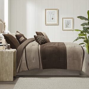 Madison Park Palisades Comforter Set Modern Faux Suede Pieced Stripe Design, All Season Down Alternative Cozy Bedding with Matching Shams, Decorative Pillows, Queen(90"x90"), Brown 7 Piece