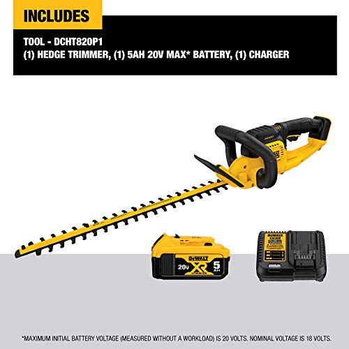 DEWALT 20V MAX* Cordless Hedge Trimmer, 5.0 Ah, 22-Inch (DCHT820P1)