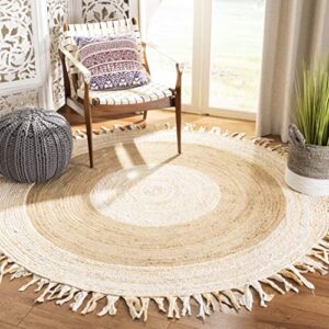 safavieh cape cod collection 4′ round beige / natural cap701b handmade boho fringe jute & cotton area rug