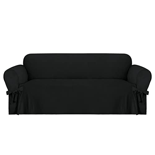 Easy-Going Velvet Couch Covers for 3 Cushion Couch Sofa, Luxury Velvet Sofa Cover with Ties, One Piece Sofa Slipcover for Living Room (Black, Sofa)