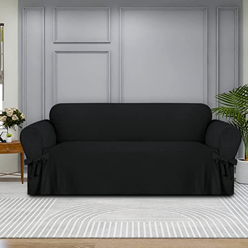 Easy-Going Velvet Couch Covers for 3 Cushion Couch Sofa, Luxury Velvet Sofa Cover with Ties, One Piece Sofa Slipcover for Living Room (Black, Sofa)