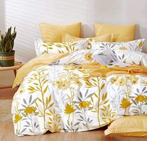 sleepbella comforter queen size, 600 thread count cotton grey branch with yellow flower & grey leaves pattern orange reversible comforter set,down alternative bedding set 3pcs(queen, yellow botanical)