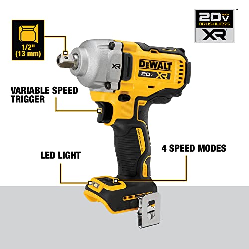 DEWALT 20V MAX XR Cordless Impact Wrench, 1/2", Includes Detent Pin Anvil and Belt Clip, Bare Tool Only (DCF892B)