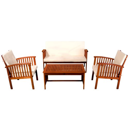 Christopher Knight Home Carolina Outdoor Acacia Sofa Set, 4-Pcs Set, Brown Patina + Cream Cushion & Scotchgard Sun and Water Shield, Repels Water, 21 Ounces