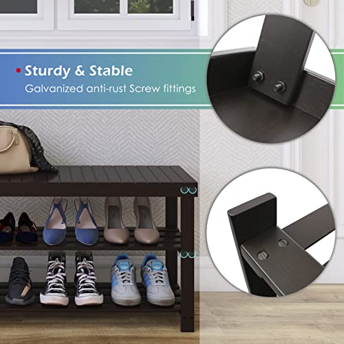 SMIBUY Sturdy Bamboo Shoe Rack Bench, 3-Tier Shoe Organizer, Storage Shelf for Entryway Hallway Bathroom Living Room (Dark Brown)