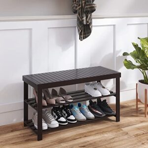 SMIBUY Sturdy Bamboo Shoe Rack Bench, 3-Tier Shoe Organizer, Storage Shelf for Entryway Hallway Bathroom Living Room (Dark Brown)