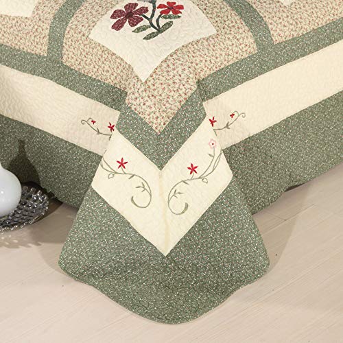 vctops 3 Piece Embroidered Floral Quilted Bedspread Quilt Set 100% Cotton Reversible Patchwork Coverlet Set 1 Quilt and 2 Pillow Shams (Green,King)