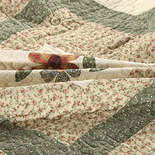 vctops 3 Piece Embroidered Floral Quilted Bedspread Quilt Set 100% Cotton Reversible Patchwork Coverlet Set 1 Quilt and 2 Pillow Shams (Green,King)