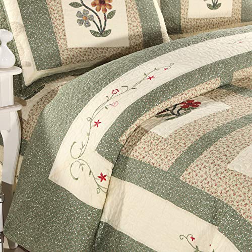 vctops 3 Piece Embroidered Floral Quilted Bedspread Quilt Set 100% Cotton Reversible Patchwork Coverlet Set 1 Quilt and 2 Pillow Shams (Green,King)