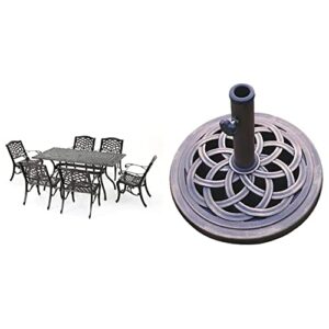 christopher knight home hallandale outdoor sarasota cast aluminum dining set, 7-pcs set, hammered bronze & dc america ubp18181-br 18-inch cast stone umbrella base, bronze powder coated finish