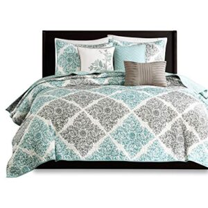 Madison Park Claire Quilt Modern Design - All Season, Breathable Coverlet Lightweight Bedding Set, Matching Shams, Decorative Pillow, King/Cal King (104 in x 94 in), Diamond Aqua 6 Piece