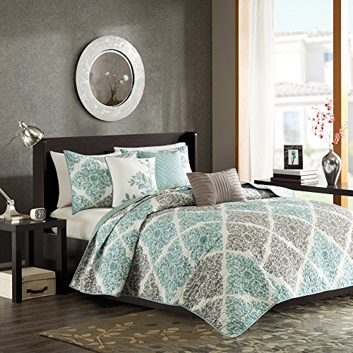 Madison Park Claire Quilt Modern Design - All Season, Breathable Coverlet Lightweight Bedding Set, Matching Shams, Decorative Pillow, King/Cal King (104 in x 94 in), Diamond Aqua 6 Piece