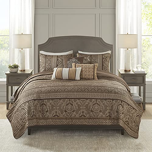 Madison Park Quilt Traditional Damask Design All Season, Lightweight Coverlet Bedspread Bedding Set, Matching Shams, Pillows, King/Cal King(104"x94"), Bellagio, Jacquard Brown/Gold 6 Piece (MP13-369)