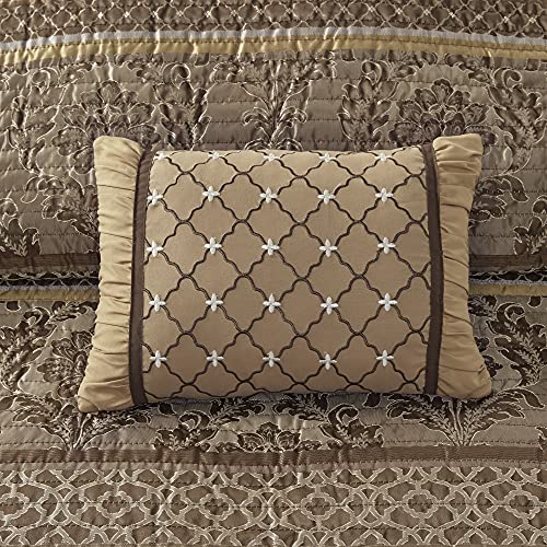 Madison Park Quilt Traditional Damask Design All Season, Lightweight Coverlet Bedspread Bedding Set, Matching Shams, Pillows, King/Cal King(104"x94"), Bellagio, Jacquard Brown/Gold 6 Piece (MP13-369)