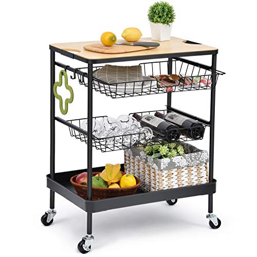 TOOLF Kitchen Island Serving Cart with Utility Wood Tabletop, 4-Tier Rolling Storage Cart with 2 Basket Drawers, Universal Lockable Casters for Home, Dining Room, Office, Restaurant, Hotel