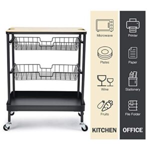 TOOLF Kitchen Island Serving Cart with Utility Wood Tabletop, 4-Tier Rolling Storage Cart with 2 Basket Drawers, Universal Lockable Casters for Home, Dining Room, Office, Restaurant, Hotel