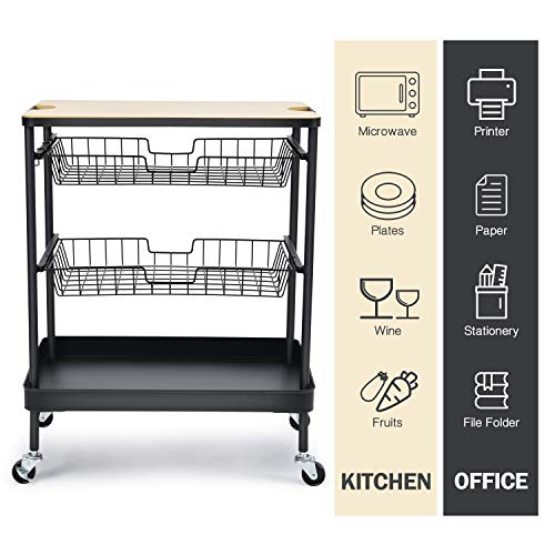 TOOLF Kitchen Island Serving Cart with Utility Wood Tabletop, 4-Tier Rolling Storage Cart with 2 Basket Drawers, Universal Lockable Casters for Home, Dining Room, Office, Restaurant, Hotel