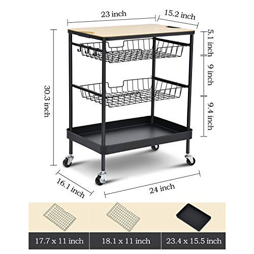 TOOLF Kitchen Island Serving Cart with Utility Wood Tabletop, 4-Tier Rolling Storage Cart with 2 Basket Drawers, Universal Lockable Casters for Home, Dining Room, Office, Restaurant, Hotel