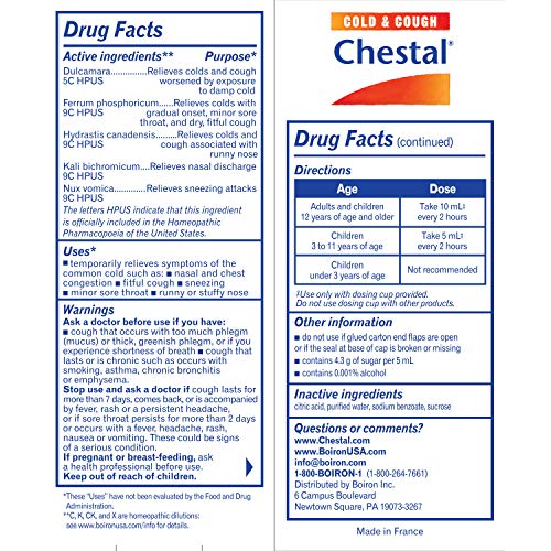 Boiron Chestal Adult Cold and Cough Syrup for Nasal and Chest Congestion, Runny Nose, and Sore Throat Relief - 6.7 Fl oz