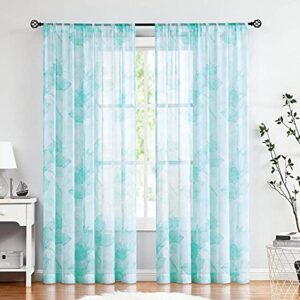 treatmentex white blue print sheer window curtains for living room bedroom floral botanical 96 inches long soft chiffon drapes for summer semi sheer curtains 2 panels rod pocket aqua