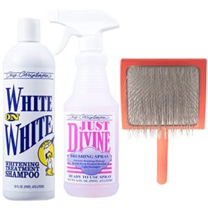 chris christensen shampoo & brush bundle, white on white whitening treatment shampoo 16 oz, just divine brushing spray 16 oz, big g slicker brush, groom like a professional, made in usa