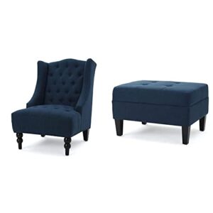 christopher knight home toddman high-back fabric club chair, dark blue & zahra ottoman, dark blue