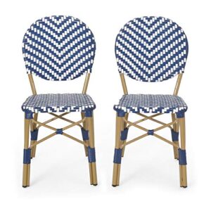 christopher knight home picardy outdoor bistro chair, navy blue + white + bamboo finish