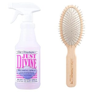 chris christensen grooming bundle – just divine ready to use brushing spray for dogs, prevents brushing damage, light detangler – 27 mm original series oval pin brush, stainless steel pins, beech wood