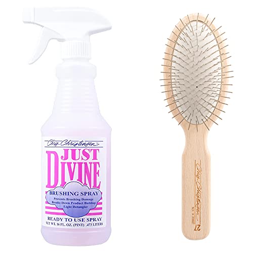 Chris Christensen Grooming Bundle - Just Divine Ready to Use Brushing Spray for Dogs, Prevents Brushing Damage, Light Detangler - 27 mm Original Series Oval Pin Brush, Stainless Steel Pins, Beech Wood