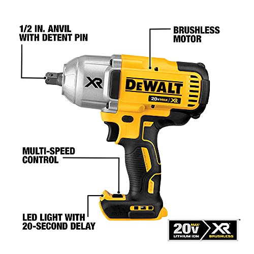 DEWALT 20V Max XR Impact Wrench Kit, Brushless, High Torque, Detent Pin Anvil, 1/2-Inch, Cordless (DCF899M1)