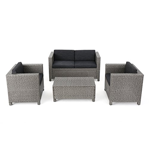 Christopher Knight Home Puerta Outdoor Wicker Patio Set with Water Resistant Cushions, 10-Pcs Set, Mix Black / Dark Grey