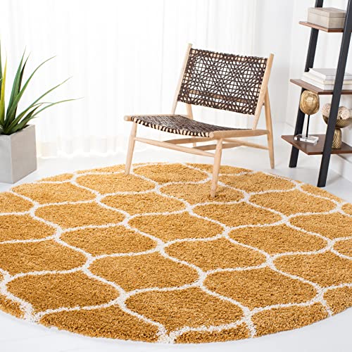 Safavieh Hudson Shag Collection 7' Round Gold/Ivory SGH280E Moroccan Ogee Trellis Non-Shedding 2-inch Thick Area Rug