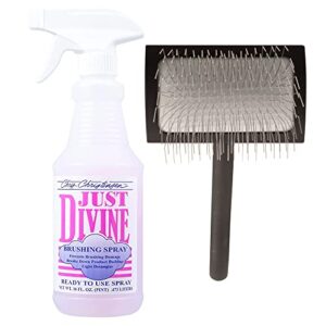 chris christensen grooming bundle – just divine ready to use brushing dog spray, prevents brushing damage, light detangler – big k slicker dog brush medium, perfect for doodles, angled polished pins