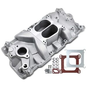 a-premium dual plane intake manifold compatible with chevy v8 4.3l 262 265, 4.4l 267, 4.6l 283, 4.9l 302, 5.0l 305 307, 5.3l 5.4l 327, 5.7l 350, 6.6l 400, fits for chevrolet 4-barrel spread bore 82001