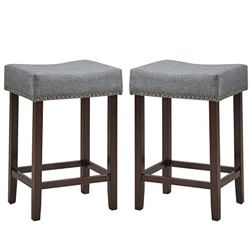 ERGOMASTER Counter Height Bar Stools Set of 2 Backless Fabric Barstools 24-Inch Modern Wood Saddle Bar Stools with Nailhead Trim for Kitchen Island Counter Tabel - Grey/Brown,2-Pack