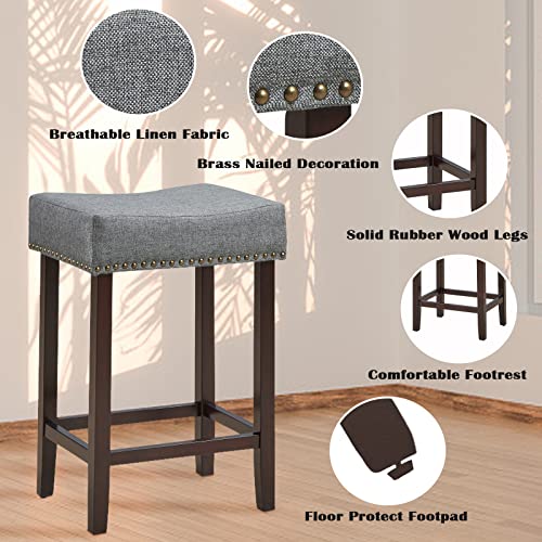 ERGOMASTER Counter Height Bar Stools Set of 2 Backless Fabric Barstools 24-Inch Modern Wood Saddle Bar Stools with Nailhead Trim for Kitchen Island Counter Tabel - Grey/Brown,2-Pack