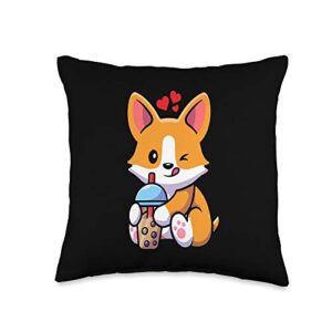 adorable corgi doggy furry mammals pedigree canine kawaii boba dog corgi drink cute anime bubble tea heart throw pillow, 16×16, multicolor