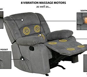 Relaxzen Longstreet Rocker Recliner with Massage, Heat and Dual USB Ports, Microfiber, Gray