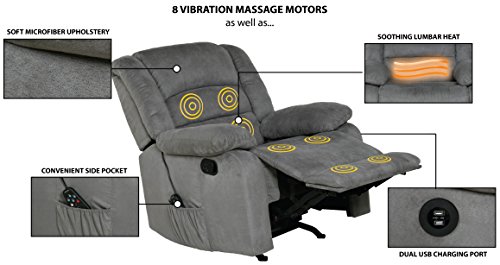 Relaxzen Longstreet Rocker Recliner with Massage, Heat and Dual USB Ports, Microfiber, Gray