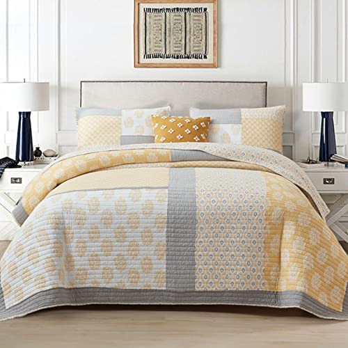 Finlonte Quilt King Size, 100% Cotton Lightweight King Quilt, Real-Patchwork Farmhouse Floral Bedspreads for King Bed, Yellow Grey White Reversible King Size Quilt All Season, Bedding Set 3 Pieces