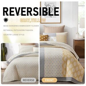 Finlonte Quilt King Size, 100% Cotton Lightweight King Quilt, Real-Patchwork Farmhouse Floral Bedspreads for King Bed, Yellow Grey White Reversible King Size Quilt All Season, Bedding Set 3 Pieces