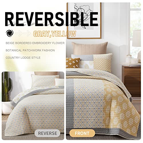 Finlonte Quilt King Size, 100% Cotton Lightweight King Quilt, Real-Patchwork Farmhouse Floral Bedspreads for King Bed, Yellow Grey White Reversible King Size Quilt All Season, Bedding Set 3 Pieces