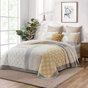 Finlonte Quilt King Size, 100% Cotton Lightweight King Quilt, Real-Patchwork Farmhouse Floral Bedspreads for King Bed, Yellow Grey White Reversible King Size Quilt All Season, Bedding Set 3 Pieces