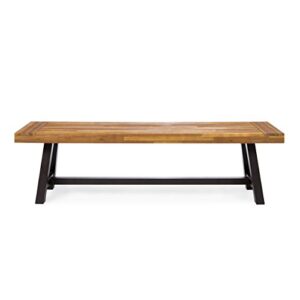 christopher knight home carlisle outdoor acacia wood and rustic metal bench, sandblast finish / rustic metal