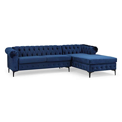 Christopher Knight Home Frieda Velvet 3 Seater Sectional Sofa with Chaise Lounge, Midnight Blue, Black