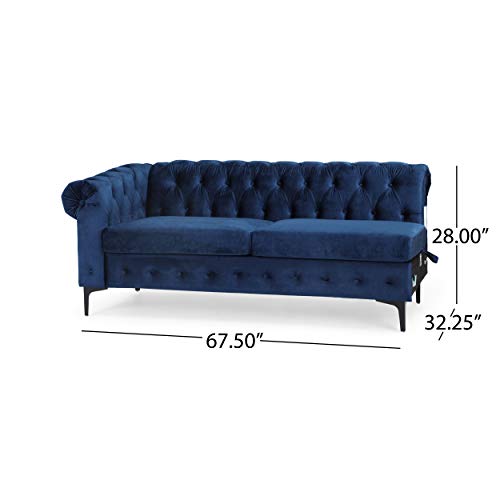 Christopher Knight Home Frieda Velvet 3 Seater Sectional Sofa with Chaise Lounge, Midnight Blue, Black