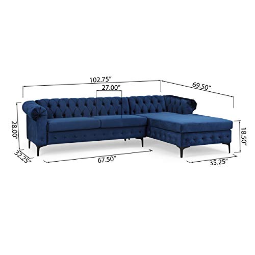 Christopher Knight Home Frieda Velvet 3 Seater Sectional Sofa with Chaise Lounge, Midnight Blue, Black